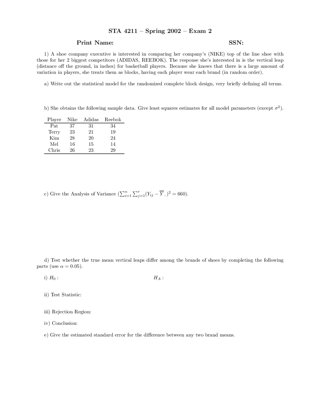 Exam 2 Questions For Solutions Design Of Experiments Sta 4211 Docsity