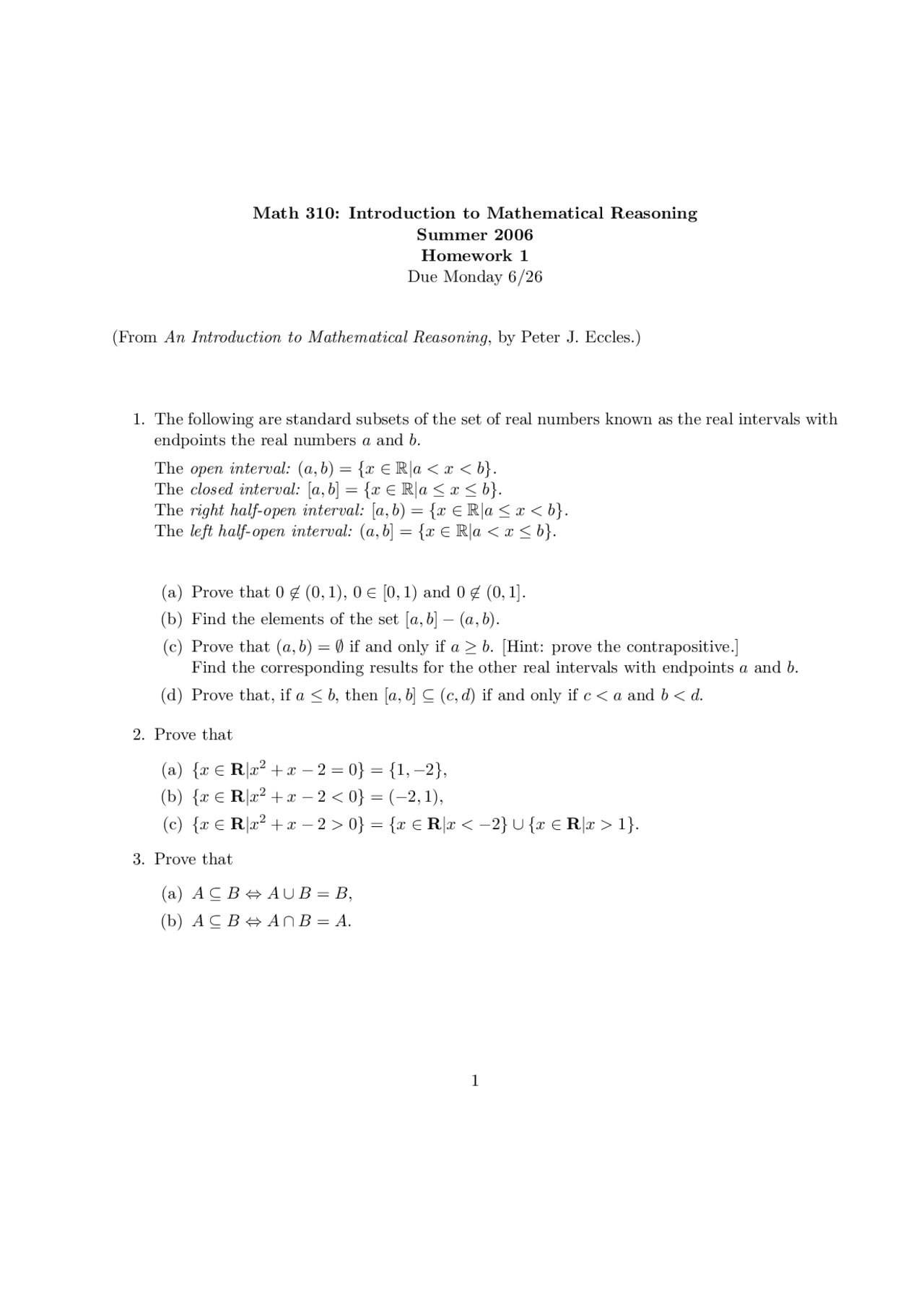 Homework 1 Problems - Introduction to Mathematical Reasoning | MATH 310 | Assignments ...