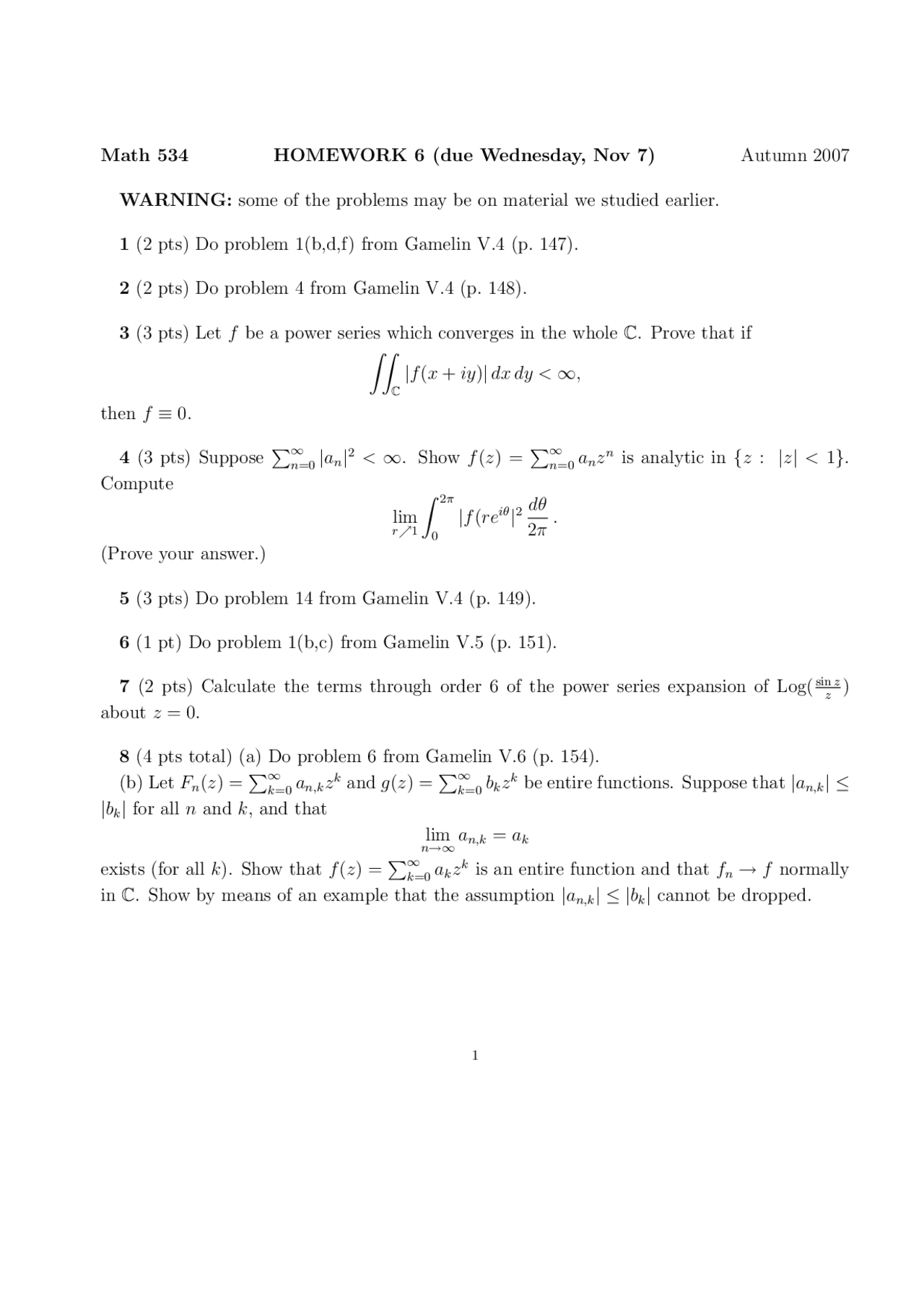 Assignment 6 Complex Analysis Fall 2007 Math 534 Docsity