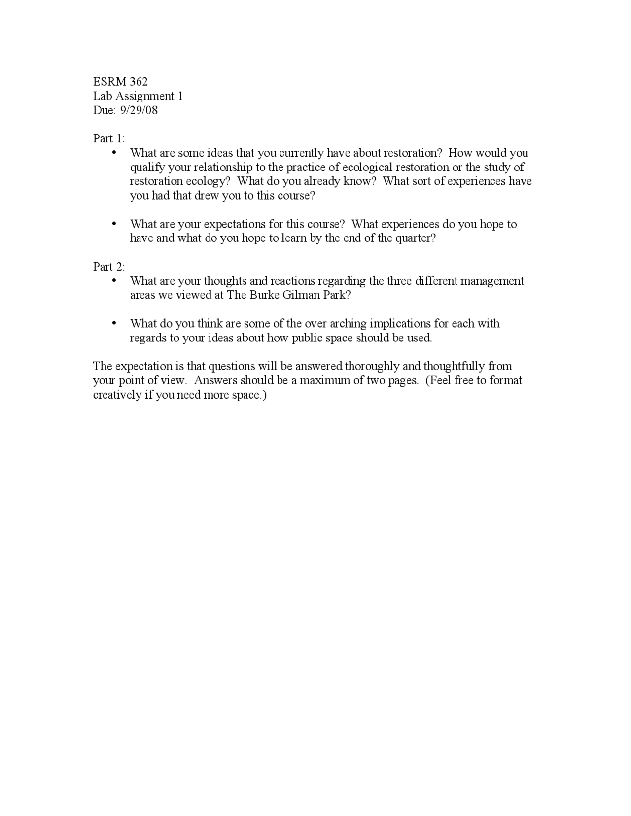 Questions For Assignment 1 Introduction To Restoration Ecology Esrm