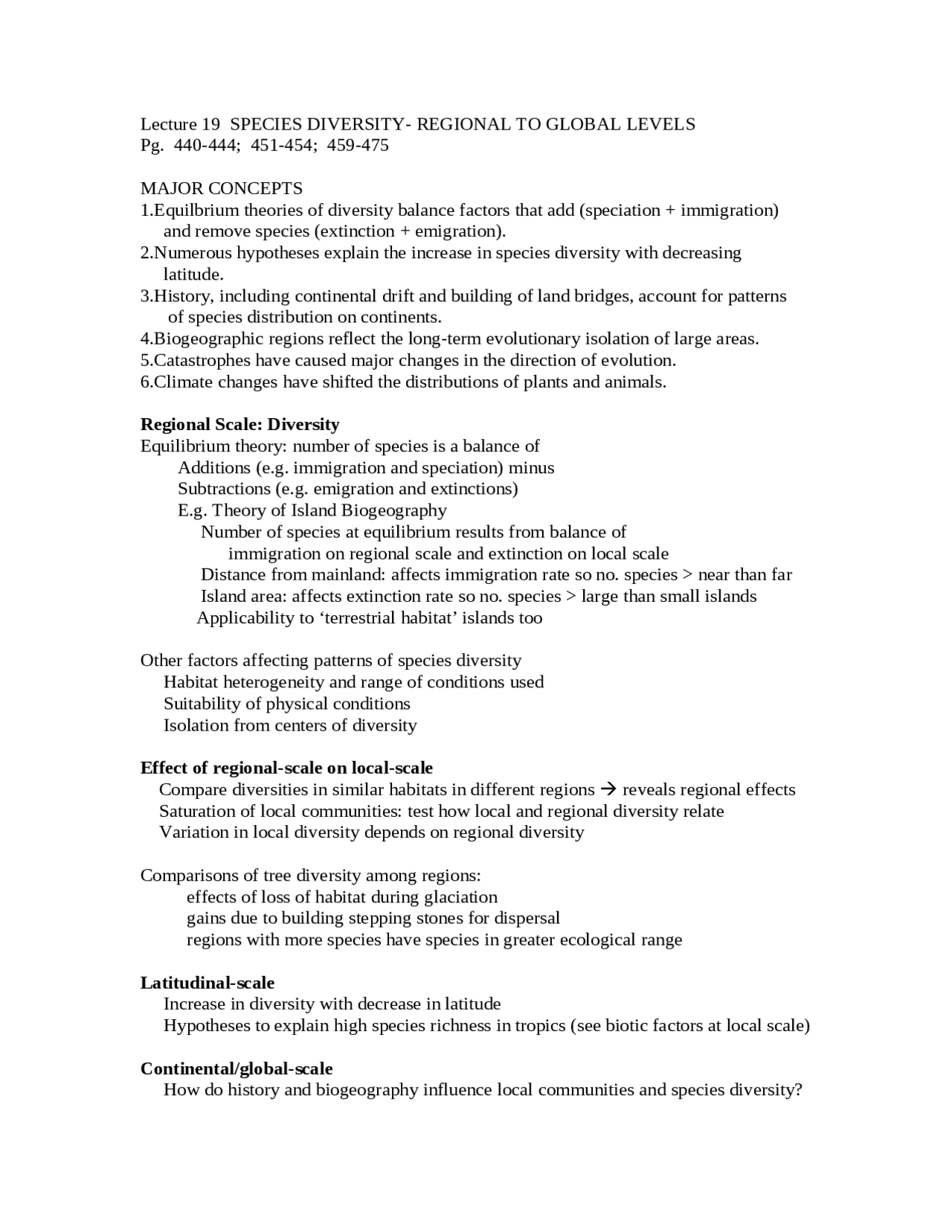 Species Diversity Regional To Global Levels Lecture Notes Ib 203