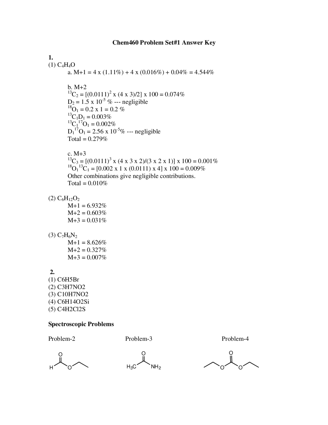 Problem Set 1 Questions Spectroscopic Molecular Identification Chem