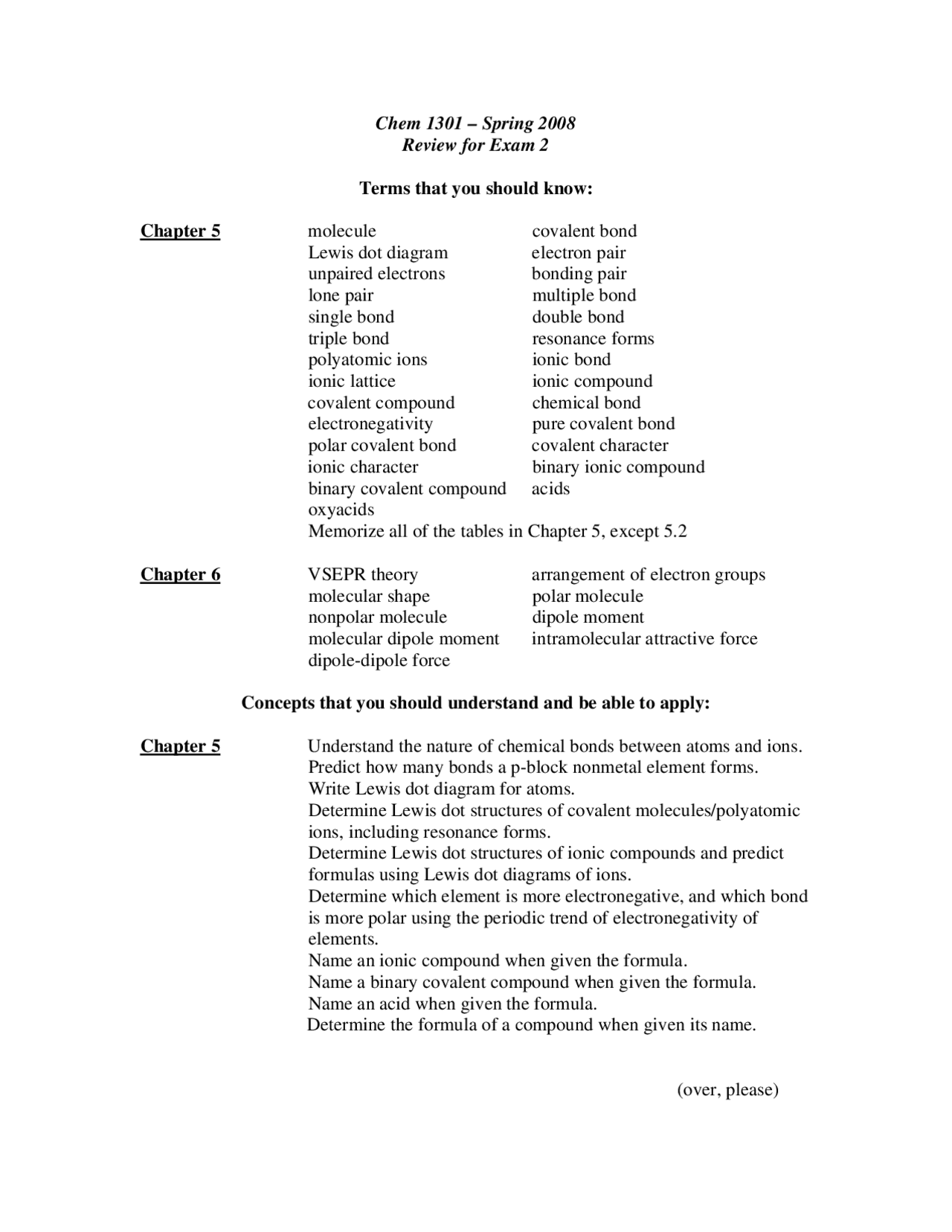 Review For Exam 2 Preparatory Chemistry Chem 1301 Docsity