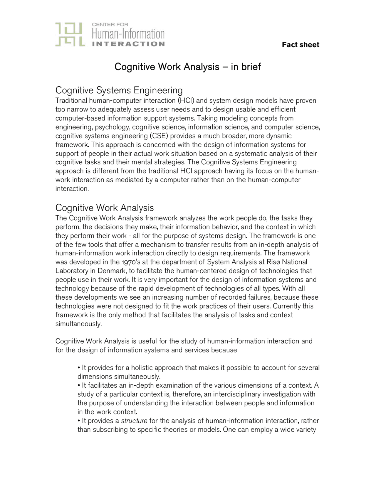 Cognitive Work Analysis - Lecture Notes | ART 210 - Docsity