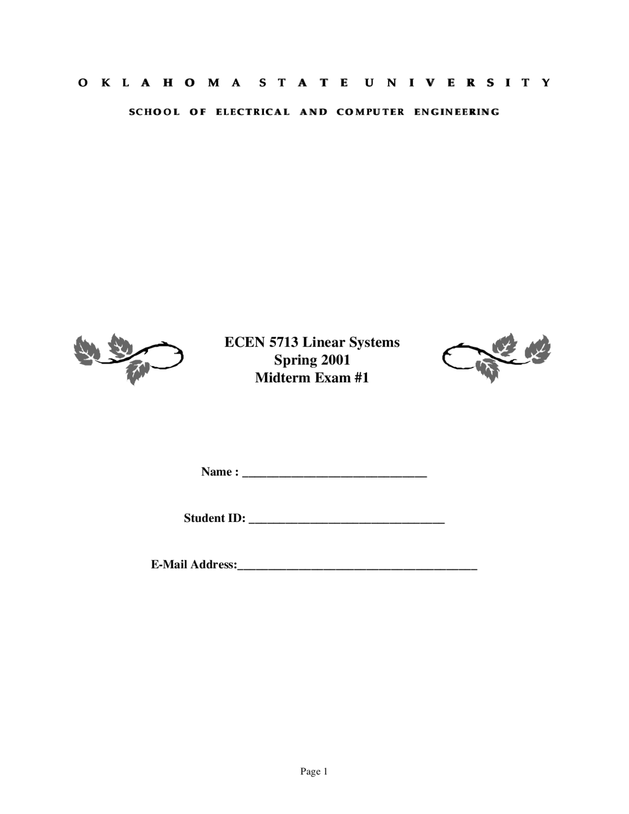 5 Problems For Midterm Exam 1 Linear Systems Ecen 5713 Docsity