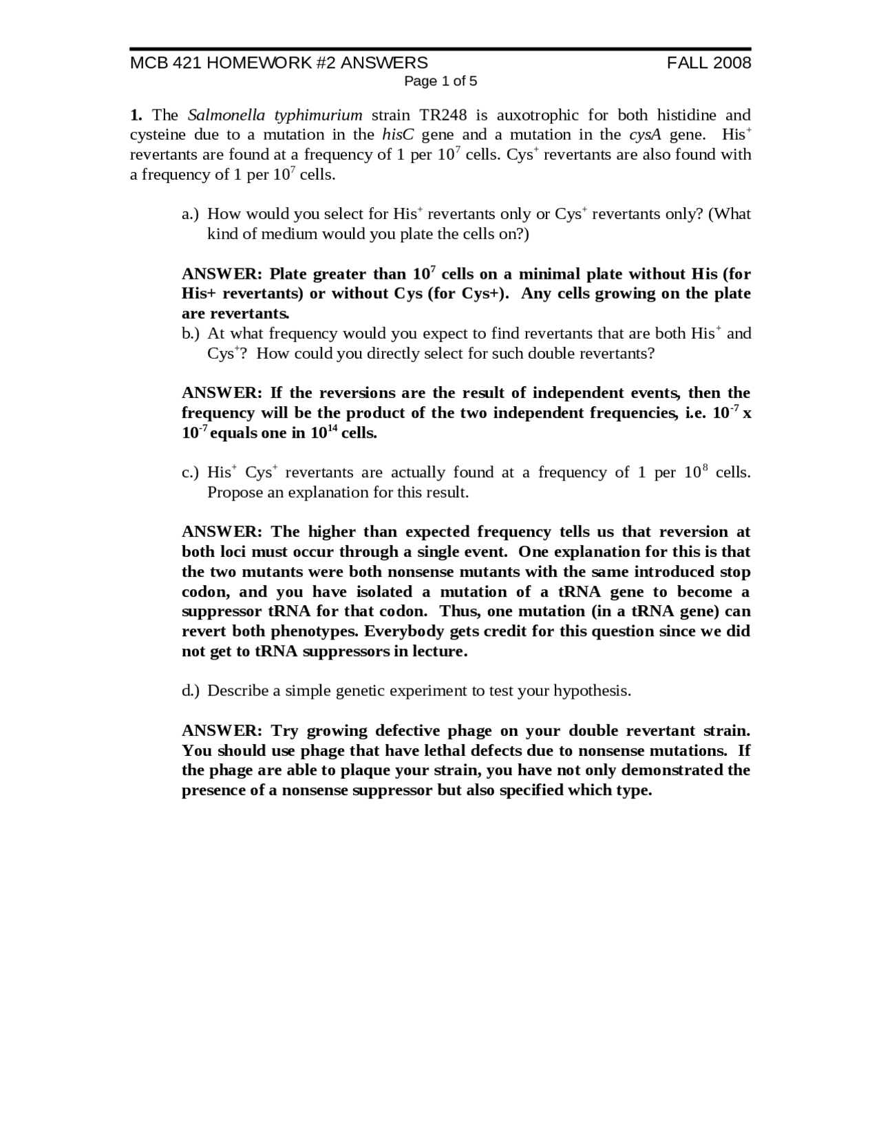 Homework 2 With Solution Microbial Genetics Mcb 421 Docsity