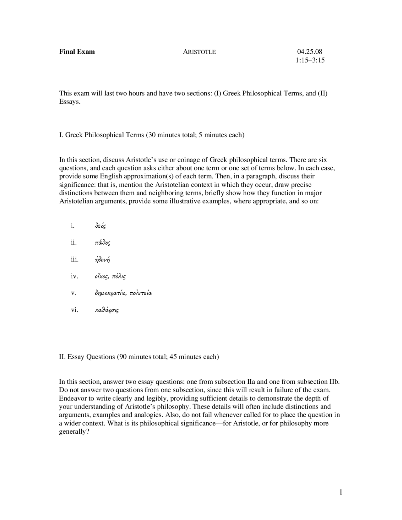 Final Examination 2008 Aristotle Phil 423 Docsity