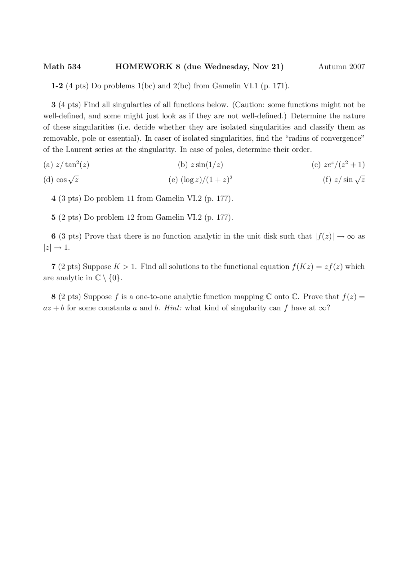 Complex Analysis Unsolved Questions Of Homework 8 Math 534 Docsity
