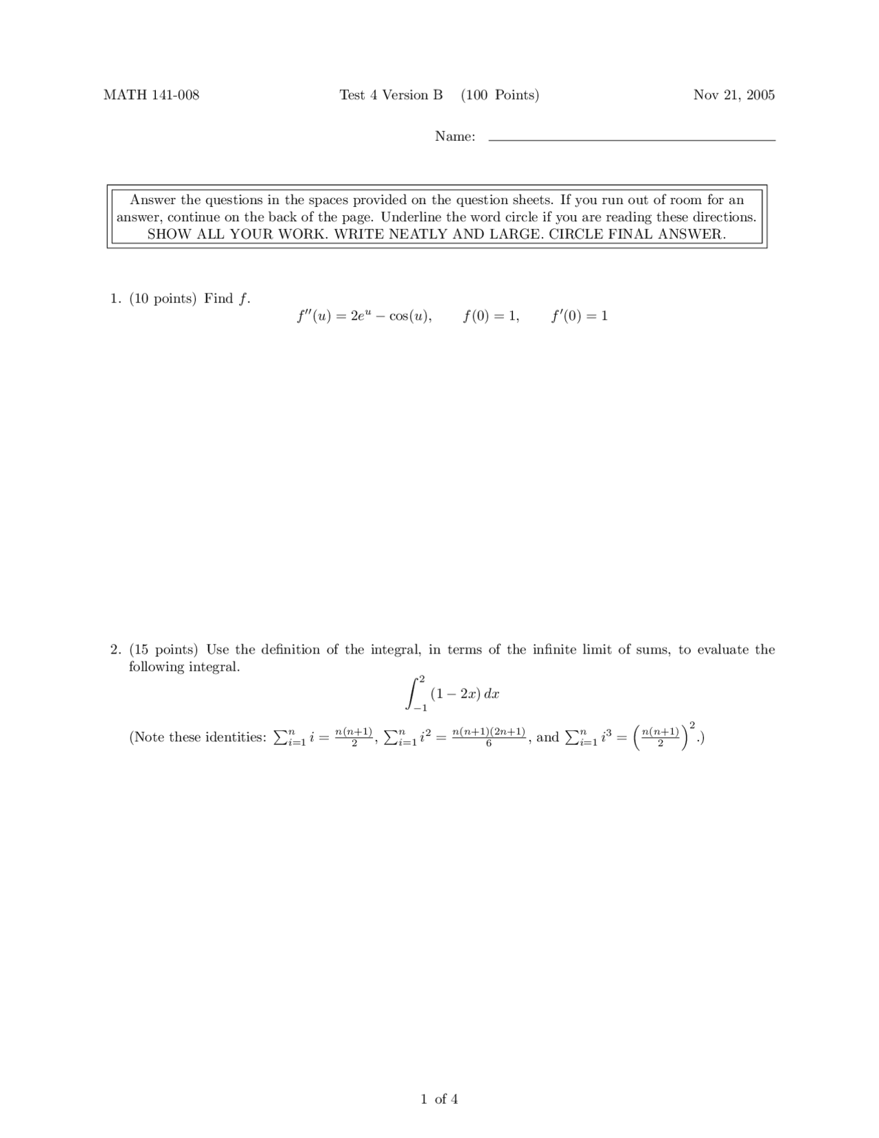Test 4b Questions Calculus I Ma 141 Docsity