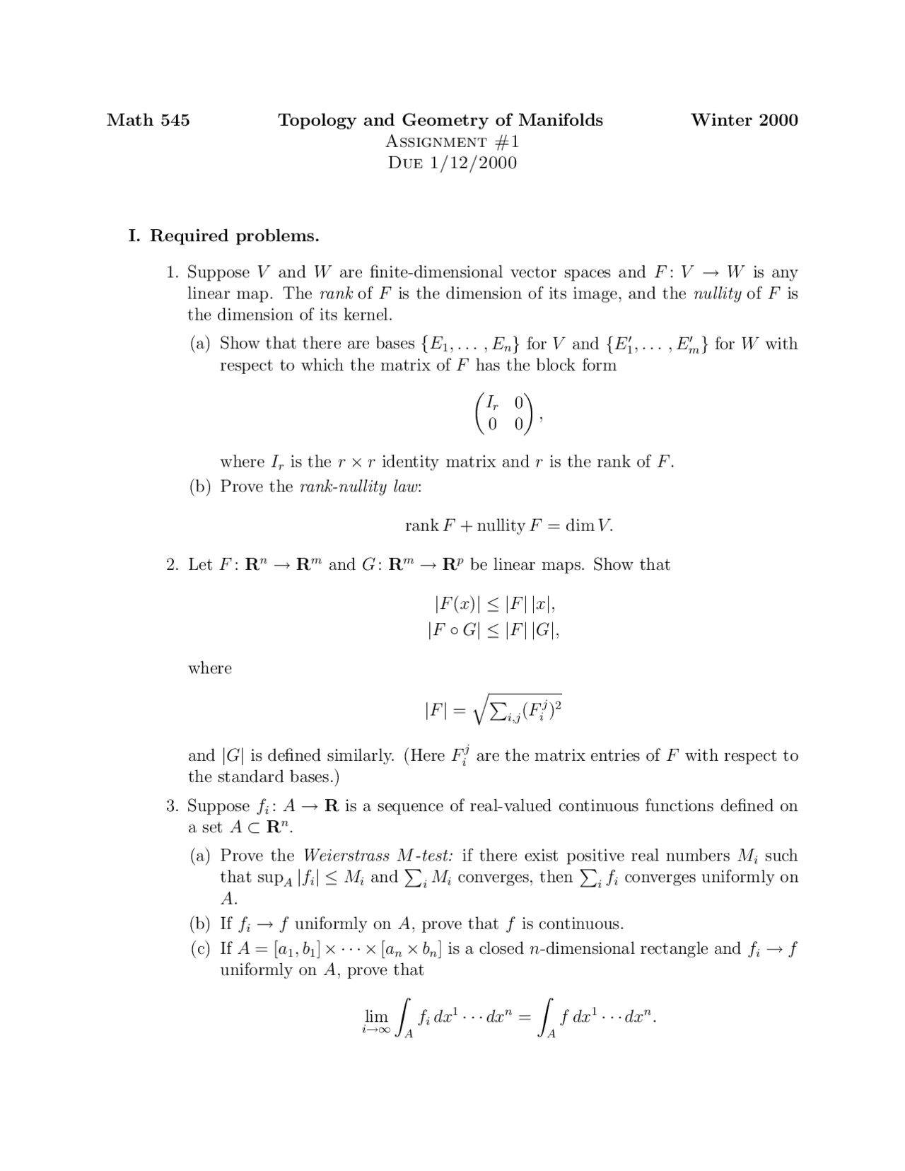 Assignment 1 Topology And Geometry Of Manifolds Math 545 Docsity