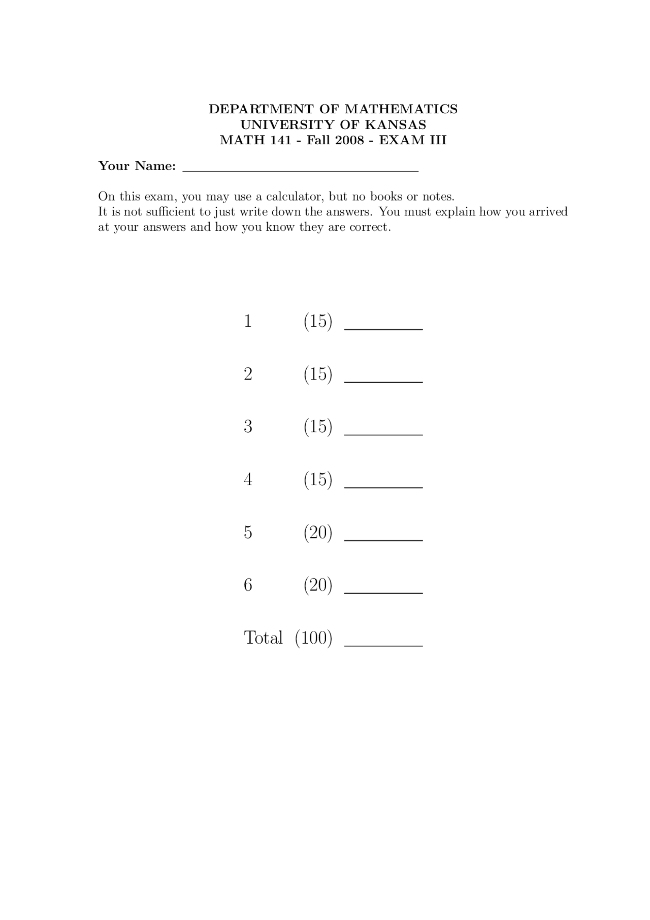 Exam 3 With Solutions Calculus I For Honors Math 141 Docsity