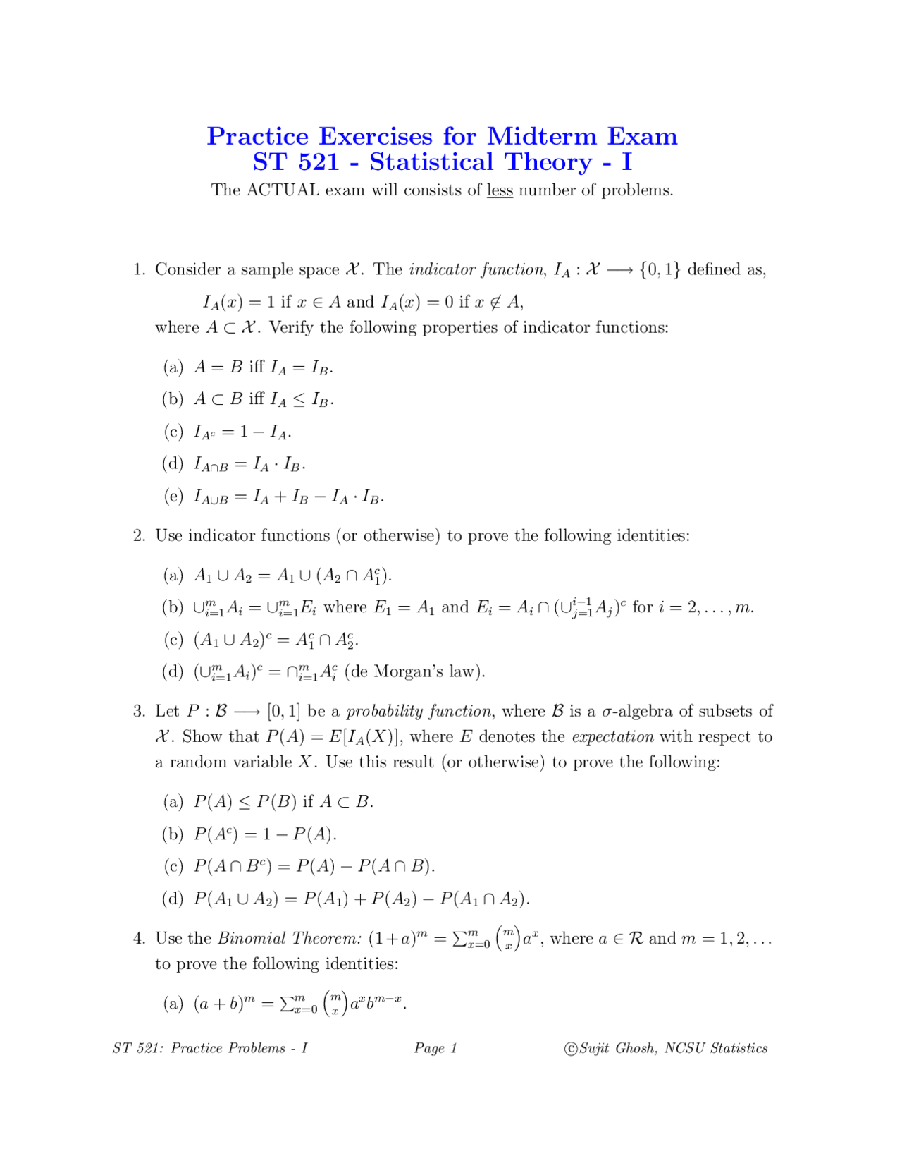 Practice Questions On Statistical Theory I Midterm Exam St 521 Docsity