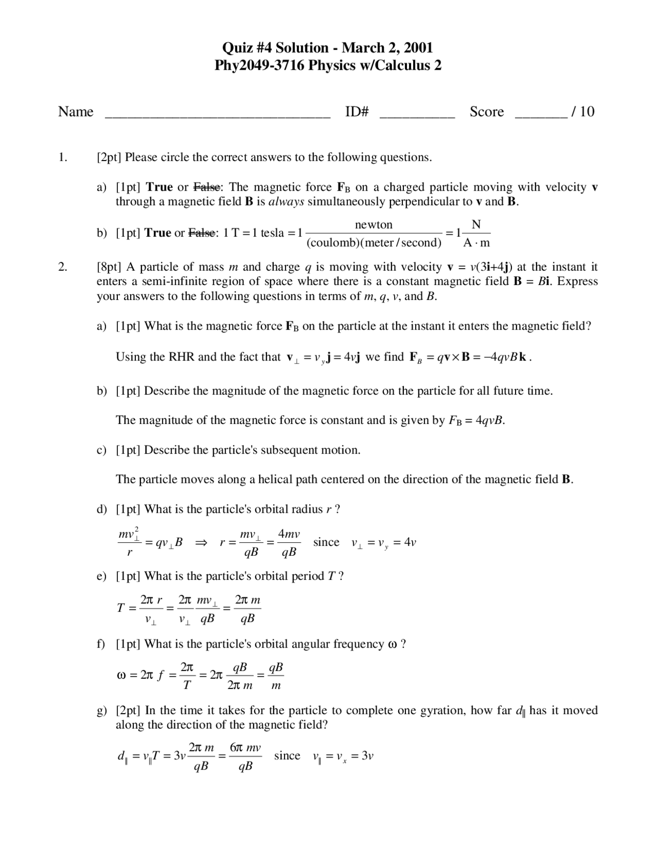 Quiz 4 with Solution for Physics with Calculus 2 | PHY 2049 - Docsity