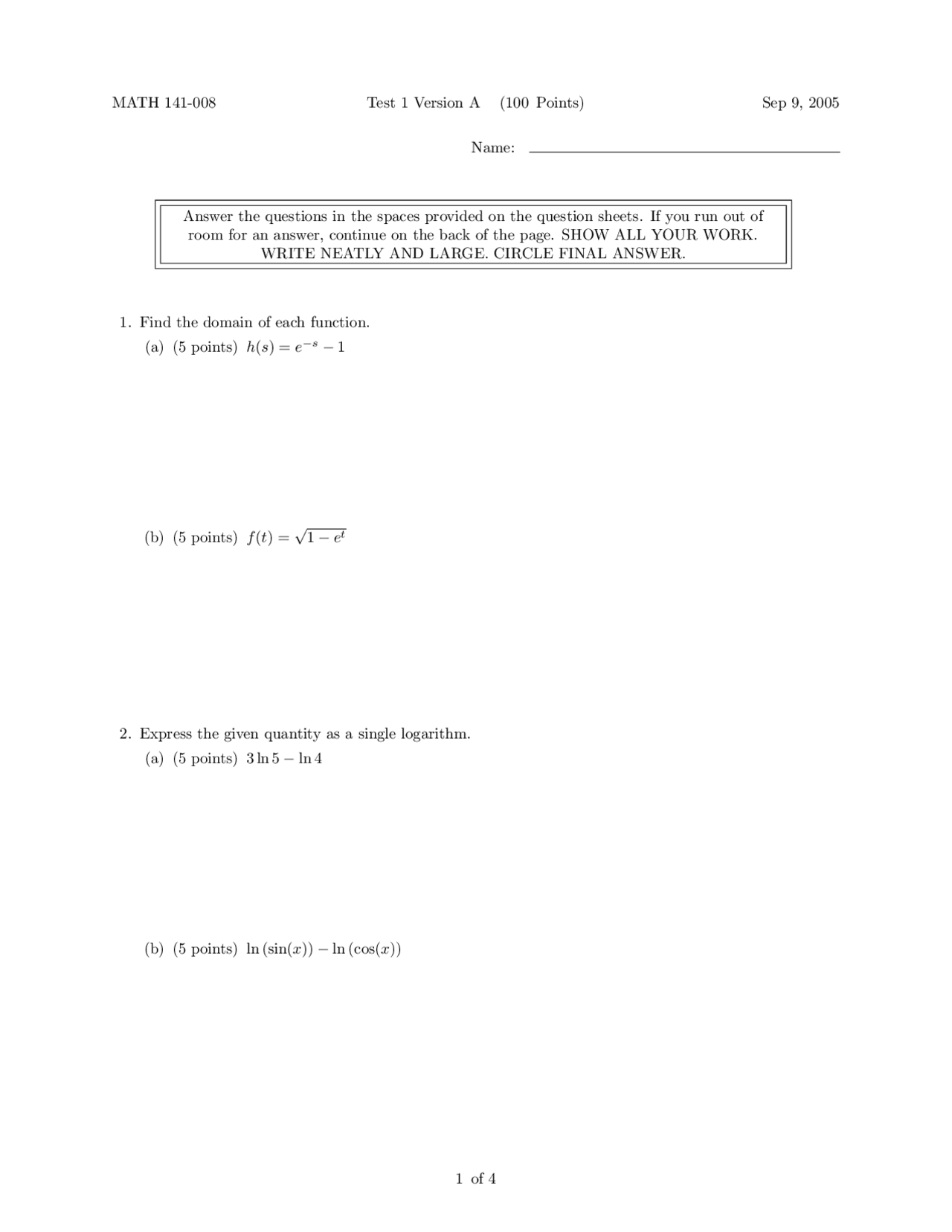 Exam With 10 Questions For Calculus I Ma 141 Docsity
