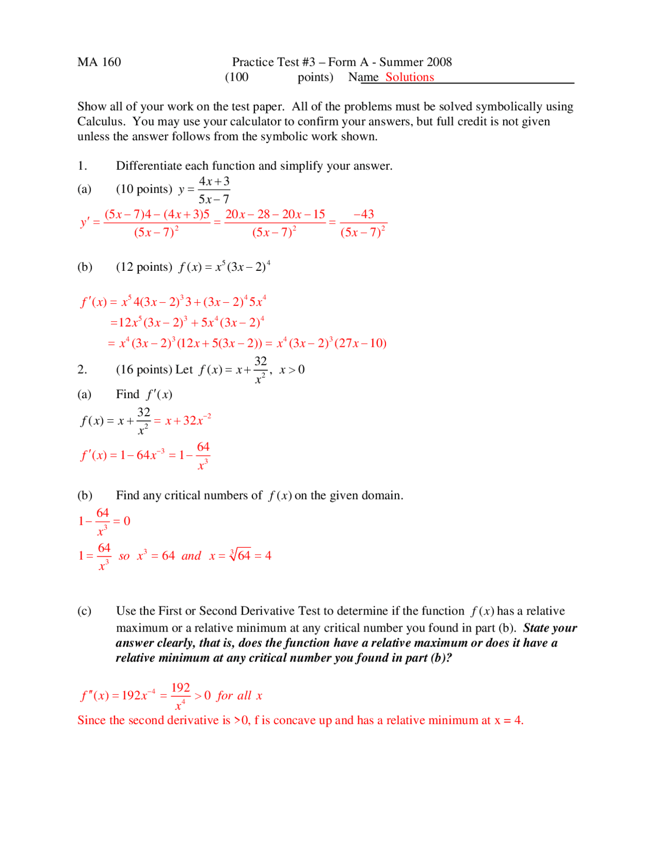 Practice Test 3 - Form A - Elementary Applied Calculus I | MA 160 ...
