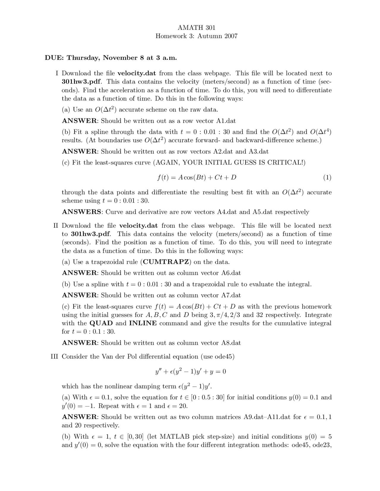 Homework 3 Beginning Scientific Computing Fall 2007 Amath 301 Docsity