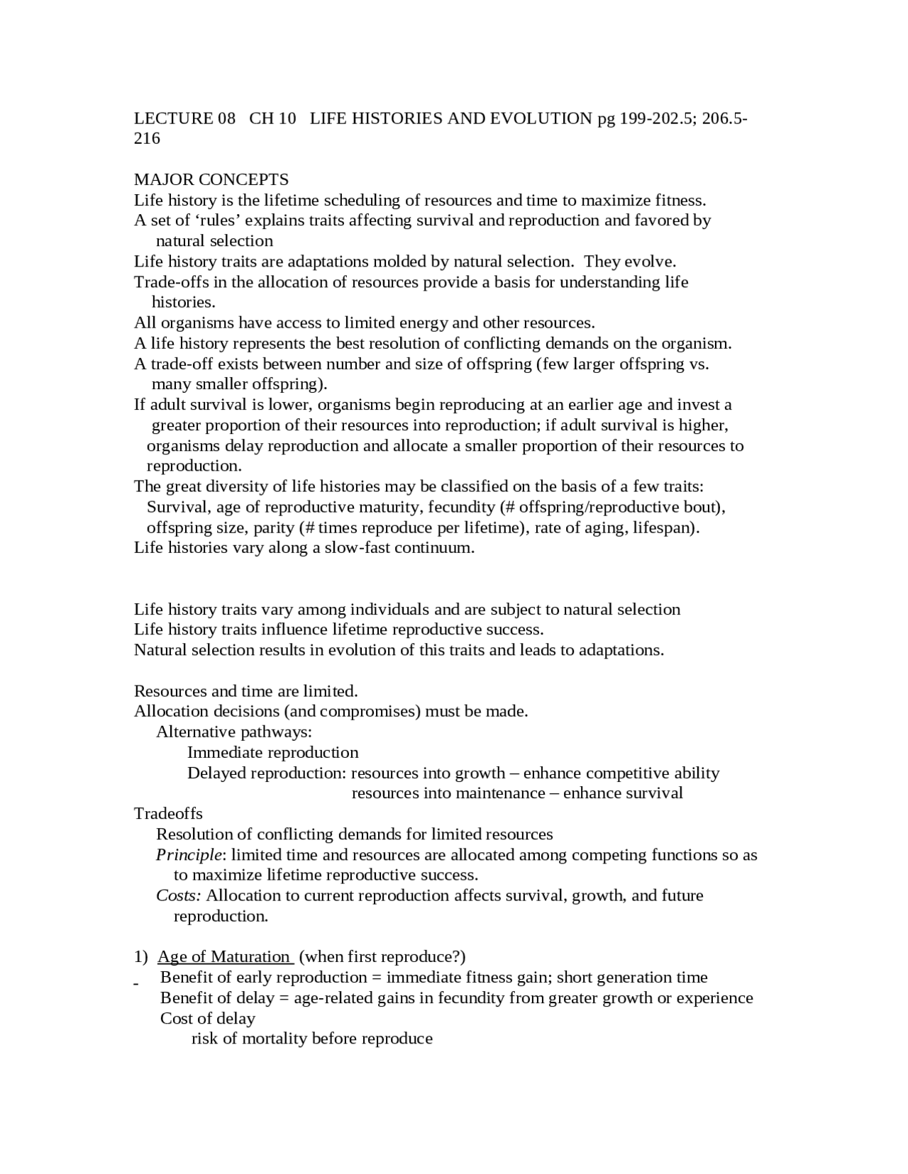Notes On Life Histories And Evolutions Ib 203 Docsity
