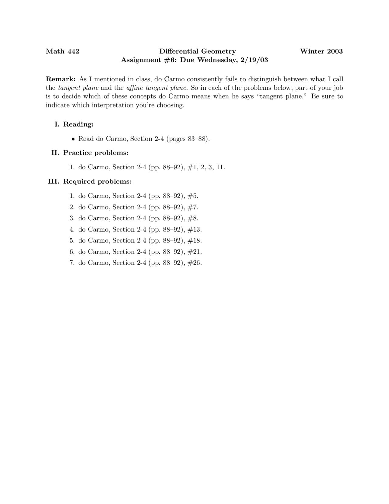 Assignment 6 Differential Geometry Math 442 Docsity