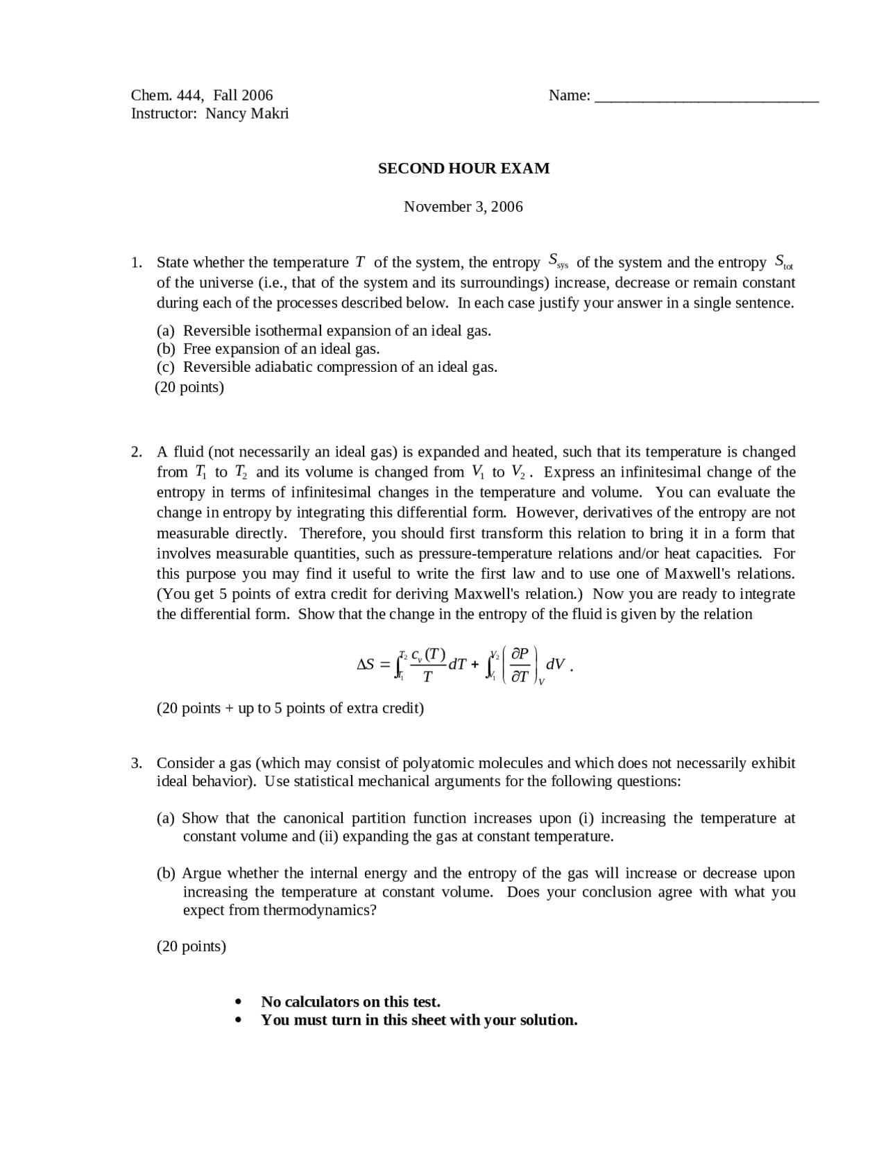 Thermodynamics - Exam 1 | Physical Chemistry II | CHEM 444 - Docsity