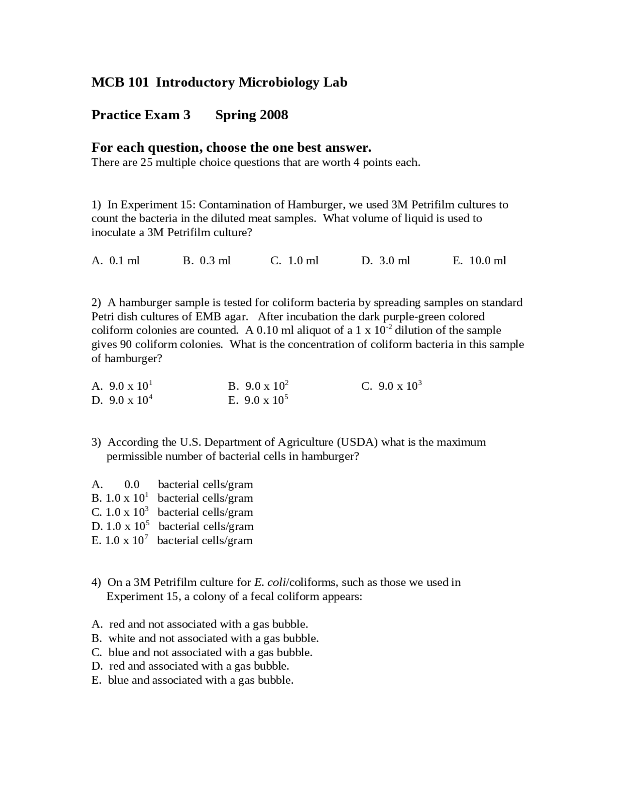 25 Mcqs Introductory Microbiology Laboratory Practice Exam 3 Mcb