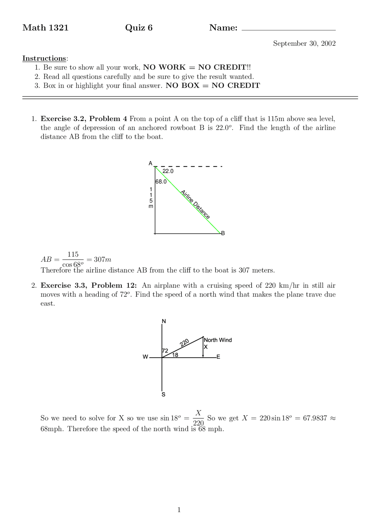 Solved Quiz 6 For Trigonometry Math 1321 Quizzes Trigonometry Docsity