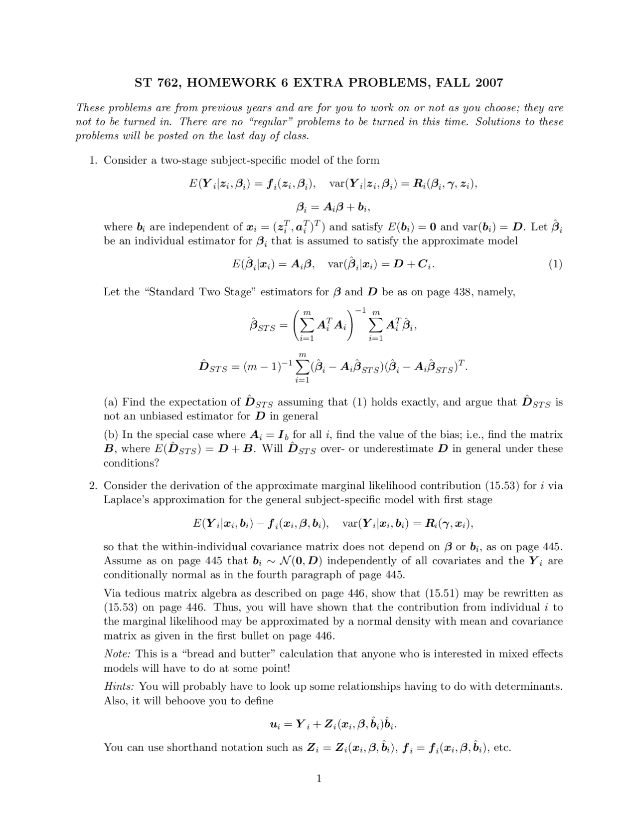 Homework 6 Solutions Nonlinear Statistical Models St 762 Docsity