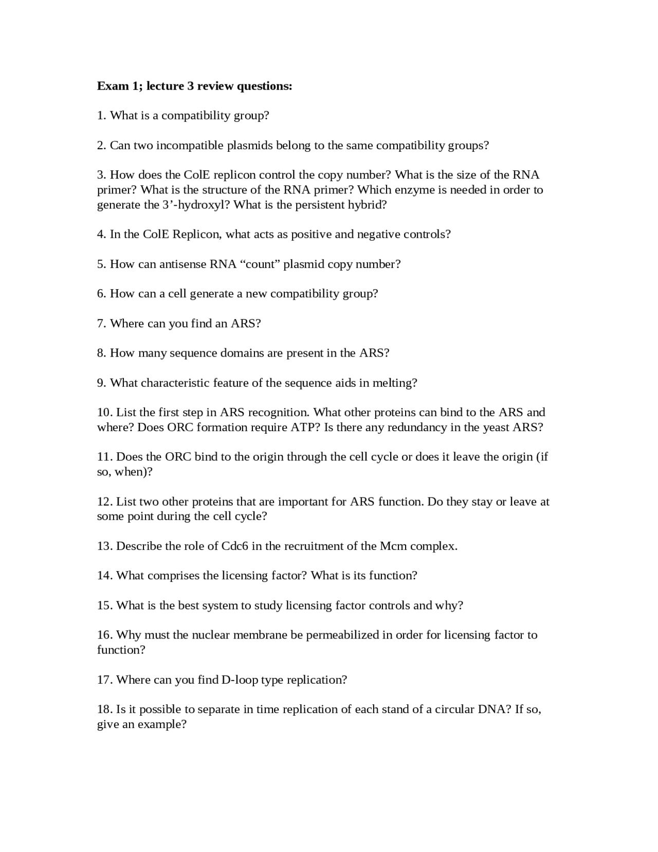 Review Questions For Exam 1 Molecular Genetics Pcb 4522 Docsity
