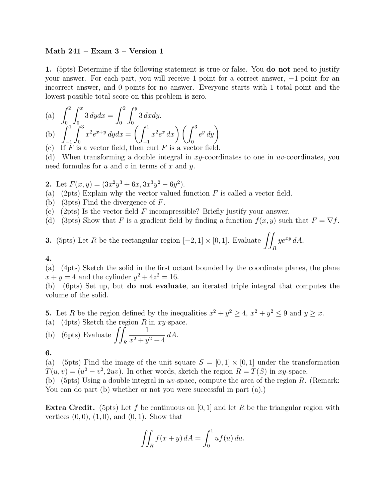6 Questions In Exam 3 Calculus Lll Math 241 Docsity