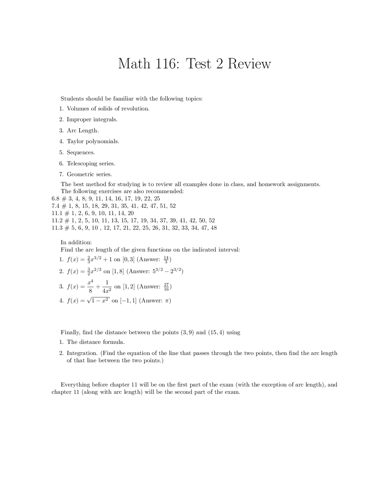Test 2 Review Questions for Calculus II | MATH 116 - Docsity