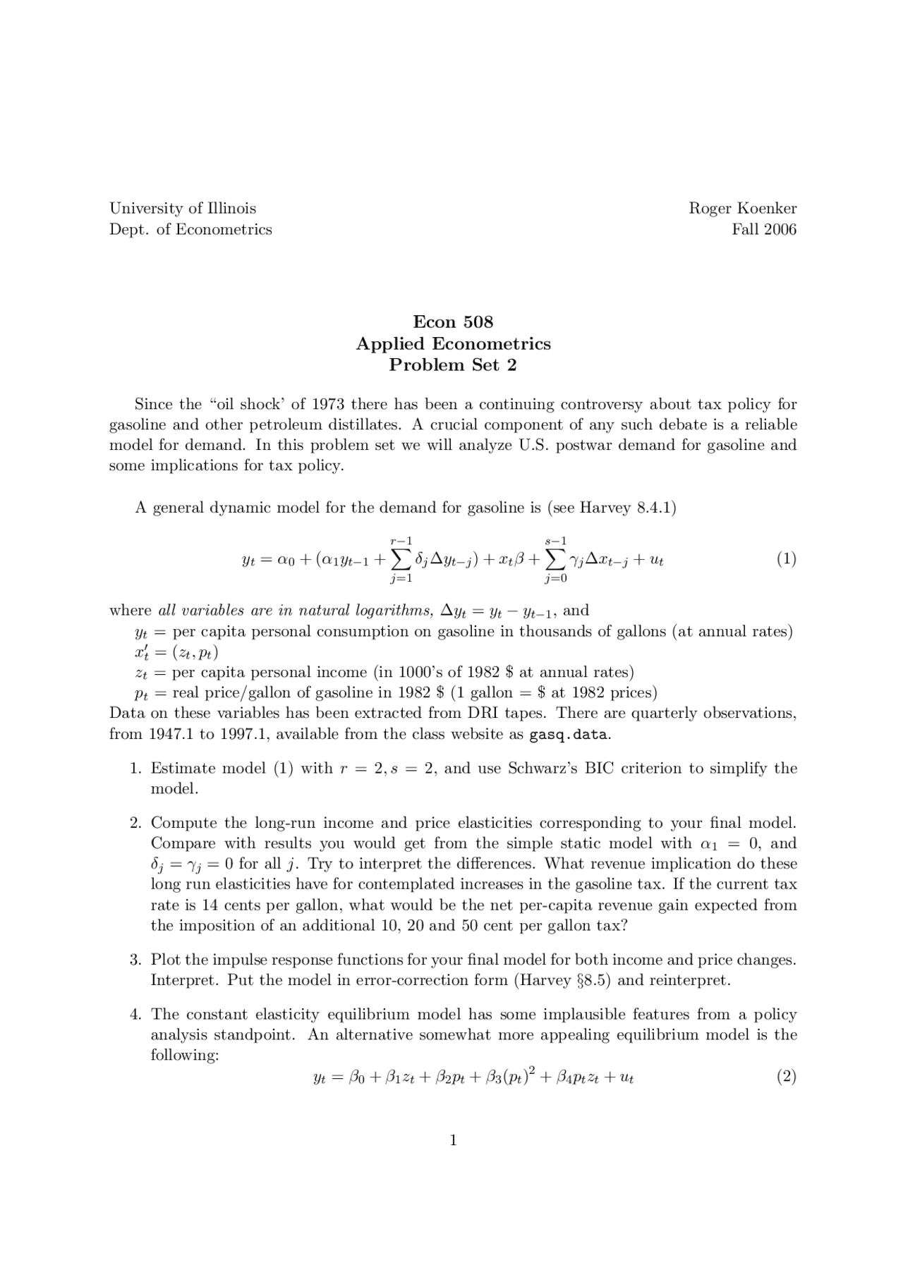 Problem Set Ii Applied Econometrics Econ 508 Docsity