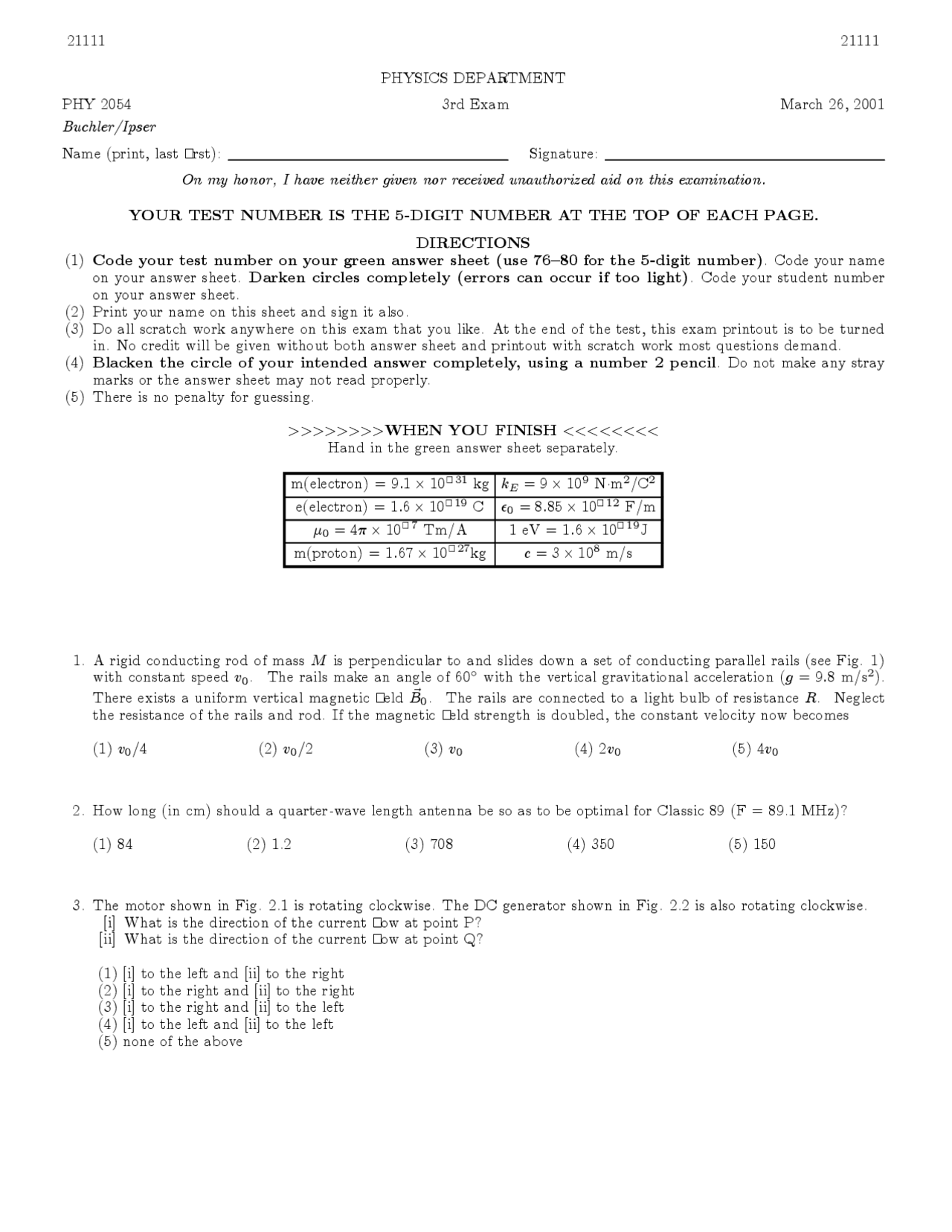 Third Exam With Useful Equation Phy 2054 Docsity
