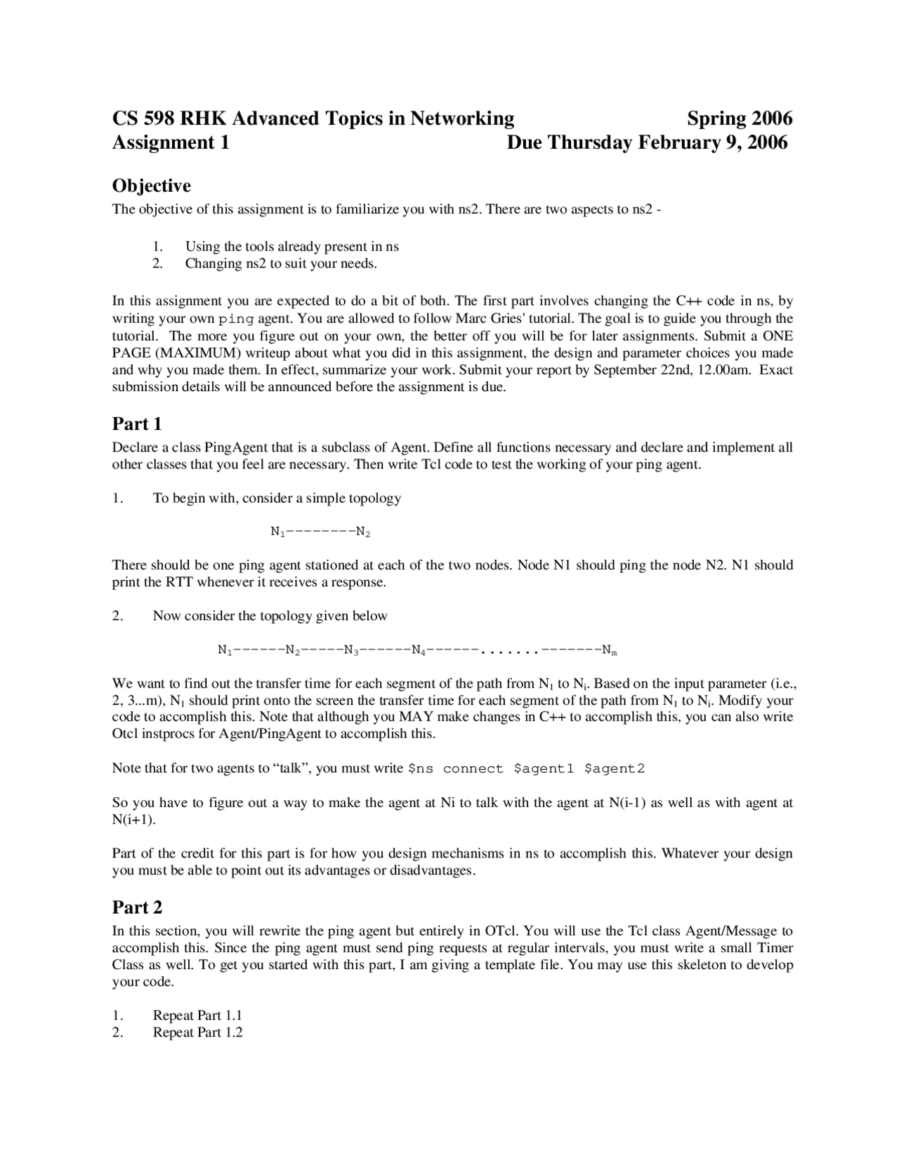 CS 598: Advanced Topics in Networking Assignment 1 - Customizing ns2 with Ping Agent ...