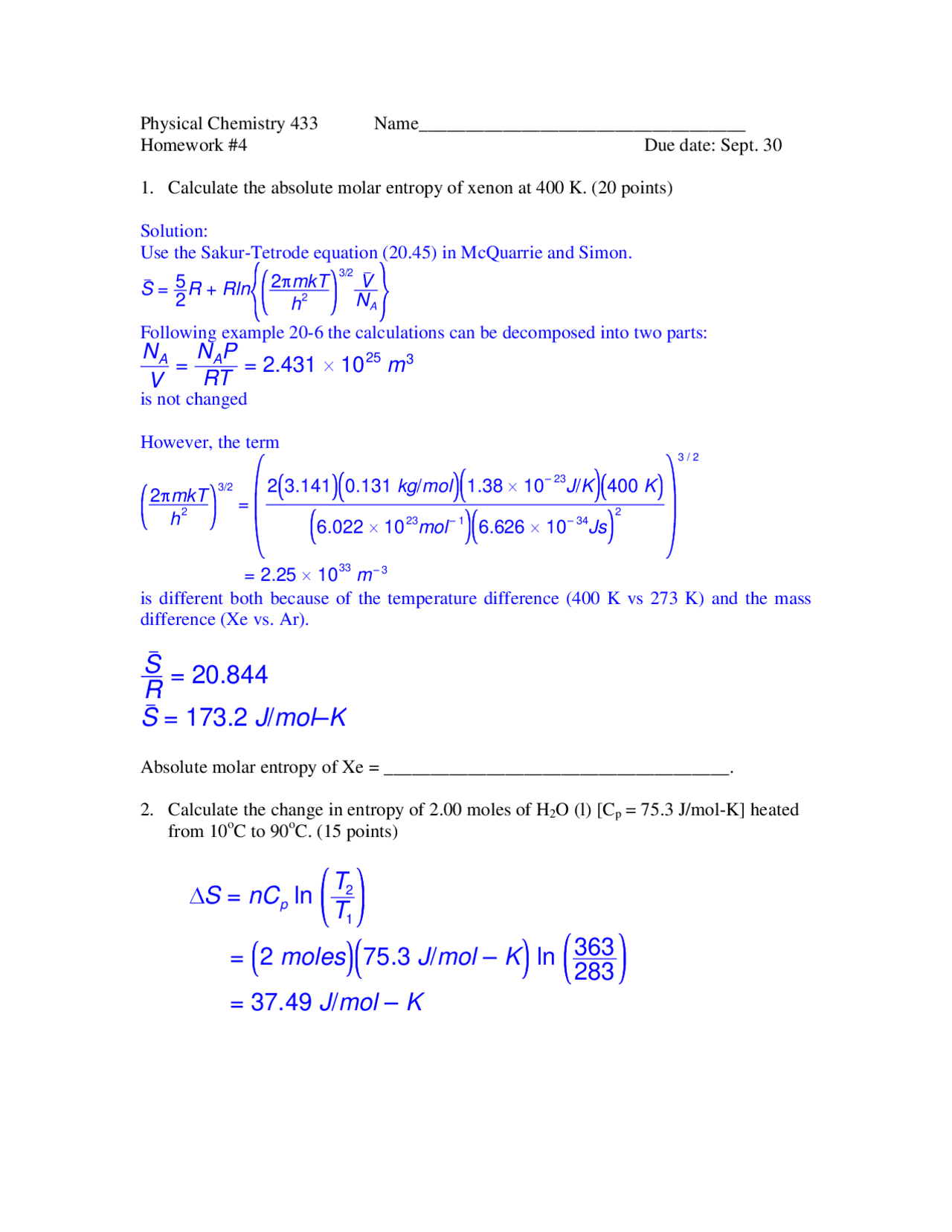 Physical Chemistry Ii Homework 4 Solutions Ch 433 Docsity