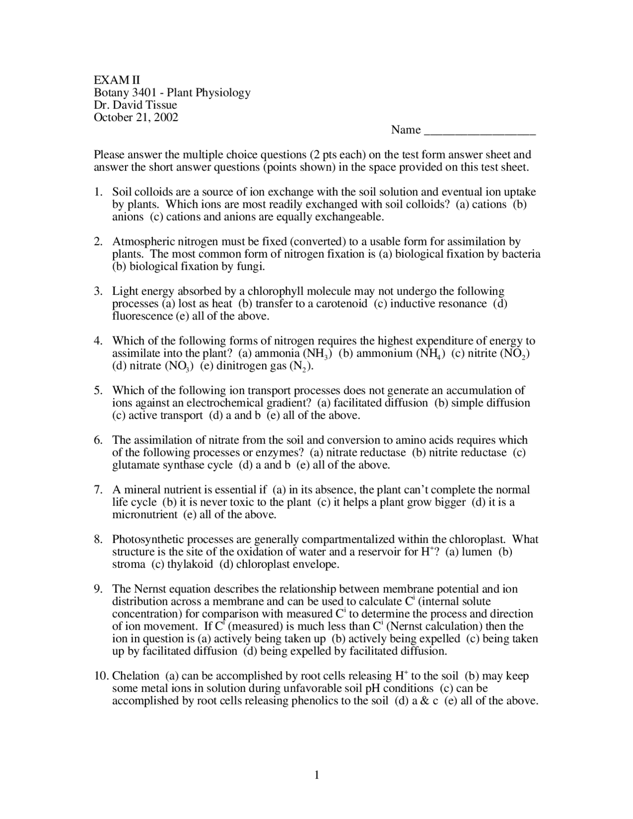 32 Questions In Exam 2 Plant Physiology 2002 Bot 3401 Docsity