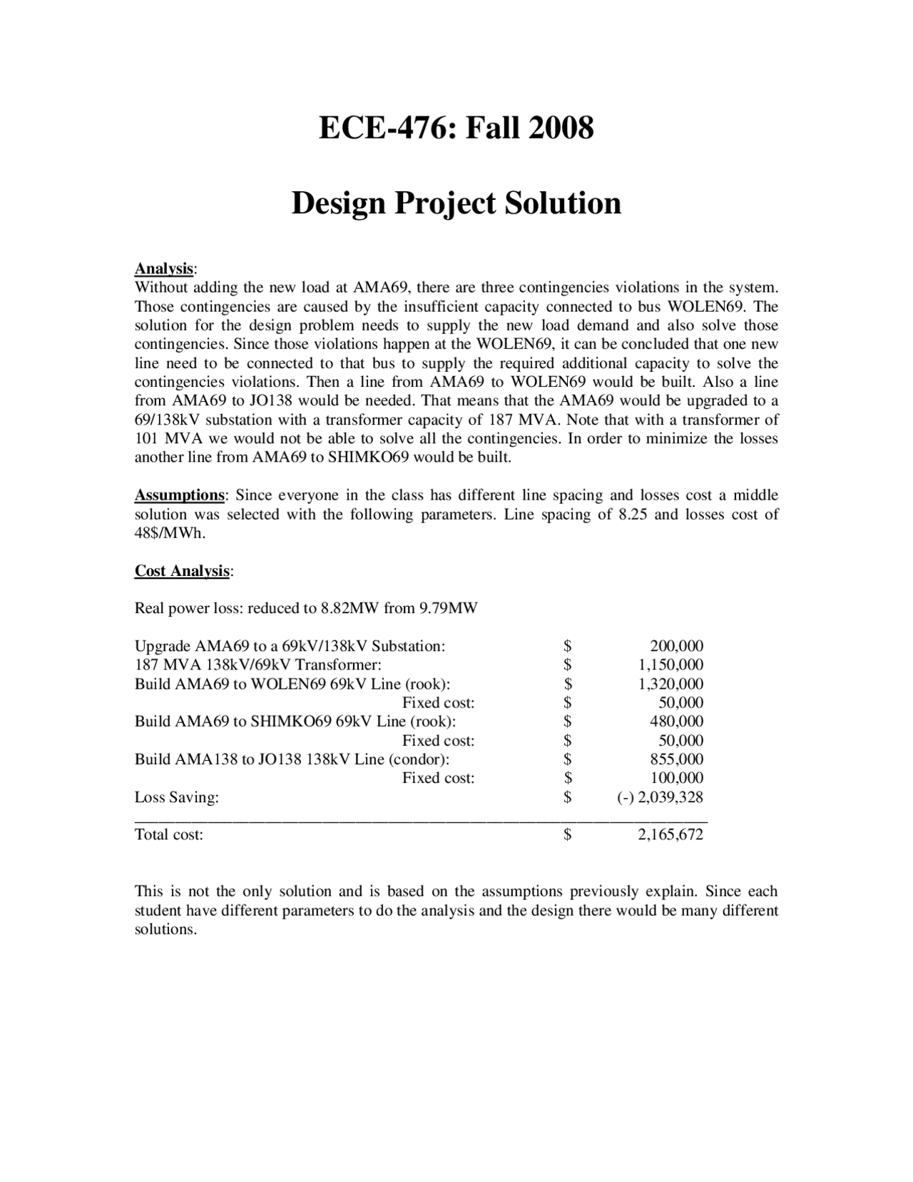 Design Project Solution - Power System Analysis | ECE 476 | Study ...