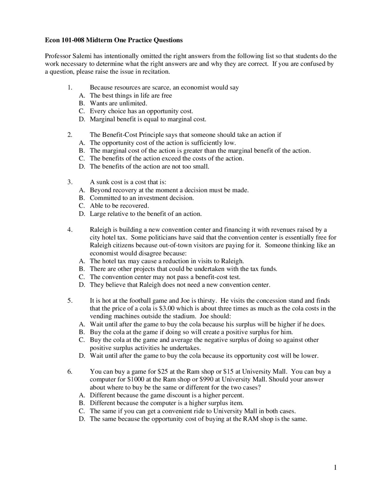Introduction To Economics Midterm Practice Questions Econ 101 Docsity