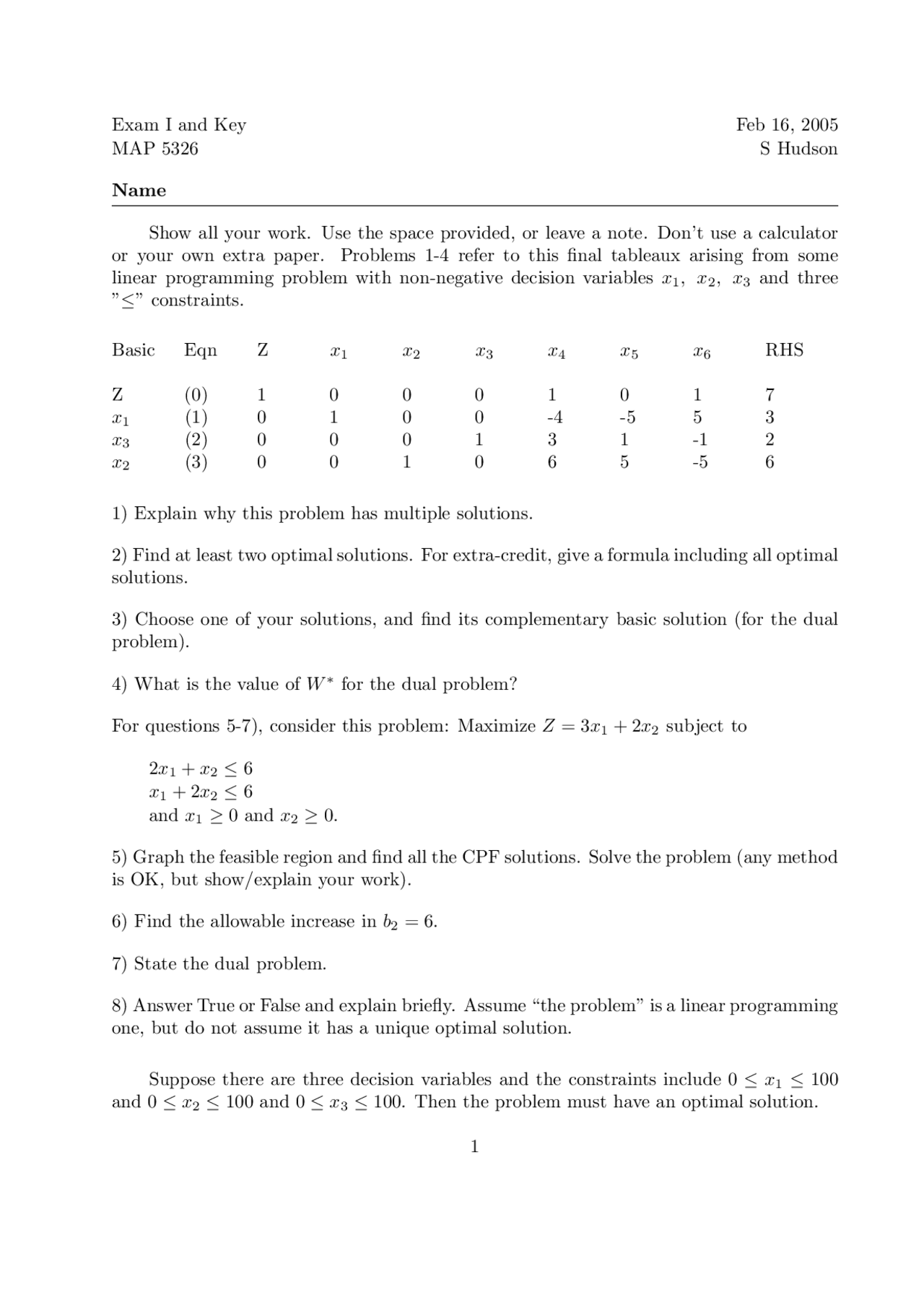 Exam I Key Partial Differential Equation Map 5326 Docsity