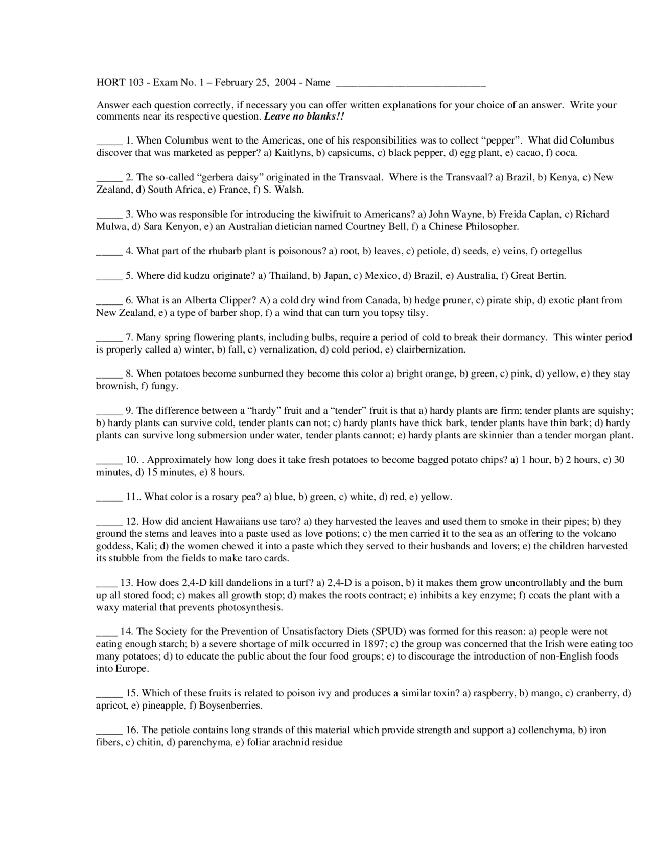 Exam 1 With 50 Questions Introduction To Horticulture Hort 100