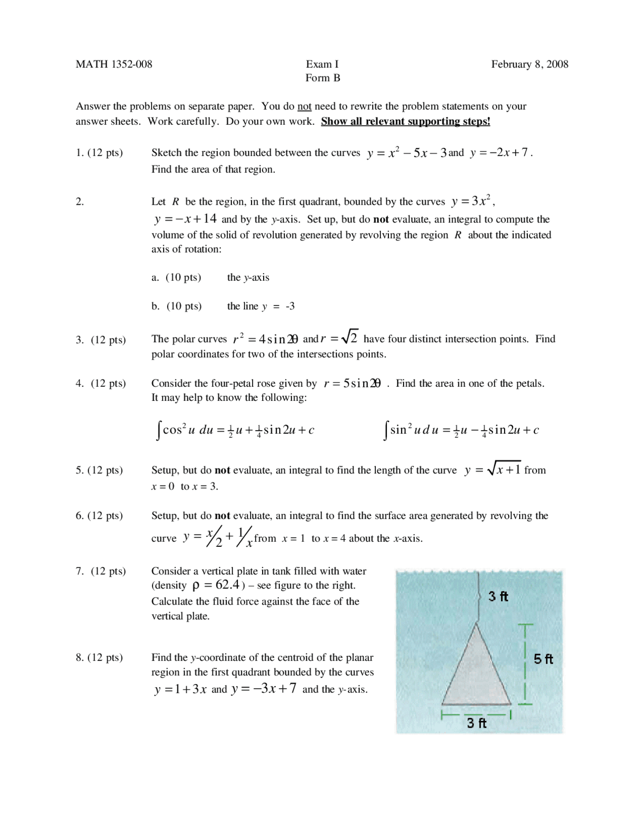 Exam 1 Form B Calculus Ii Honors Math 1352 Docsity
