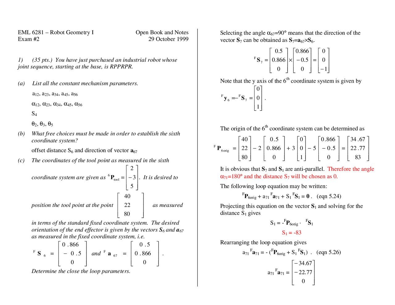 Solved Exam 2 for Geometry Mechanic Robots I | EML 6281 - Docsity