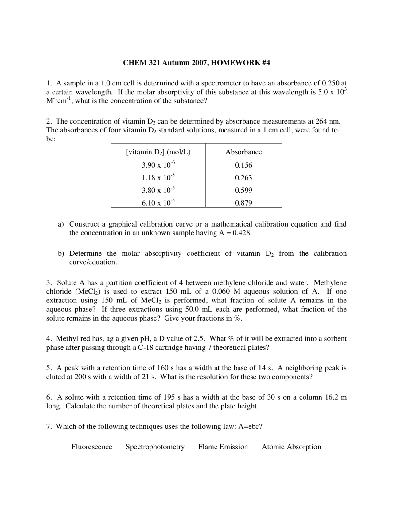 Homework 4 Questions Quantitative Analysis Chem 321 Docsity
