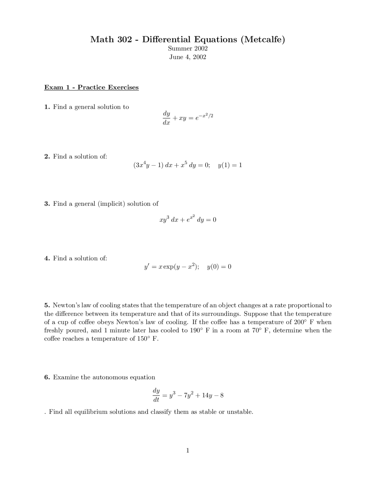 Solved Problems On Differential Equations Homework Math 524 Docsity