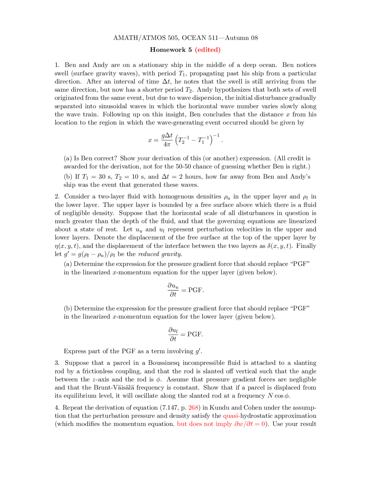 Homework 5 Fluid Dynamics Fall 2008 Ocean 511 Assignments