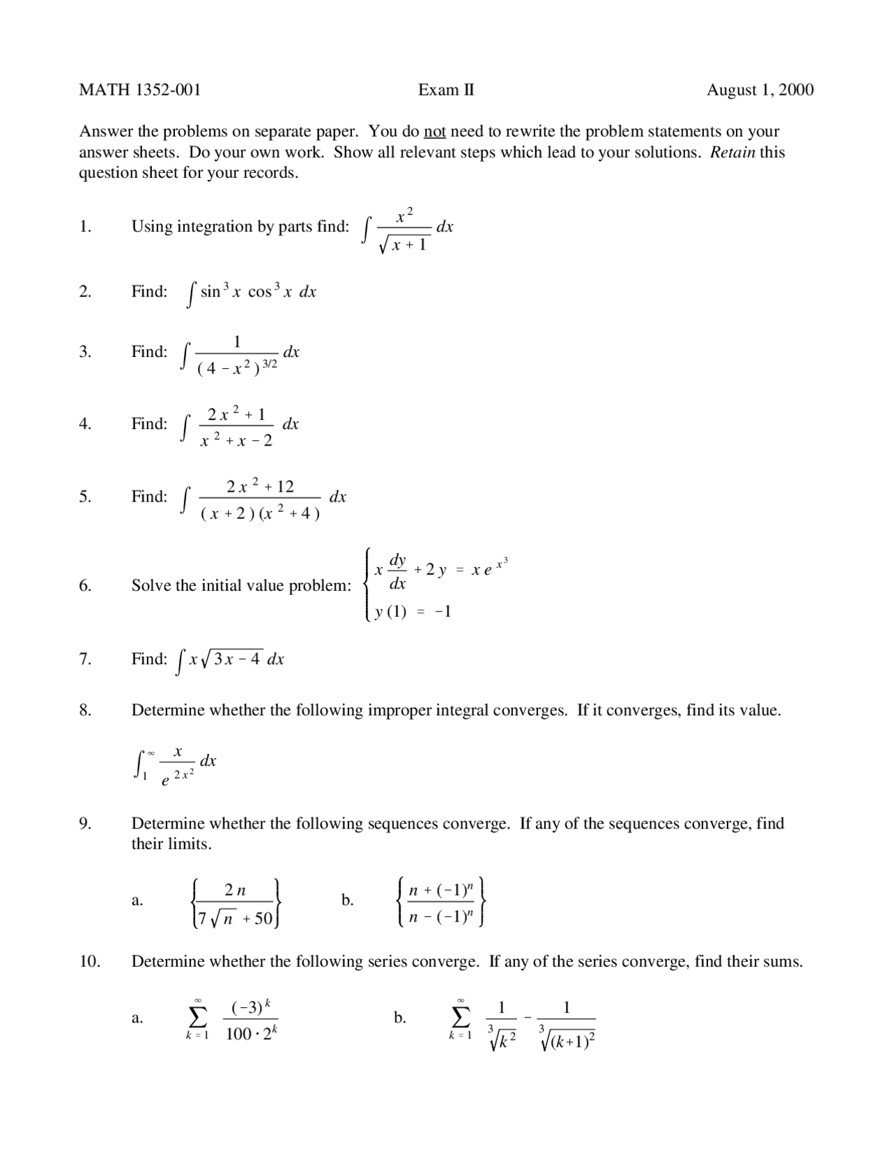 10 Questions For Exam 2 Calculus Ii Honors Math 1352 Docsity