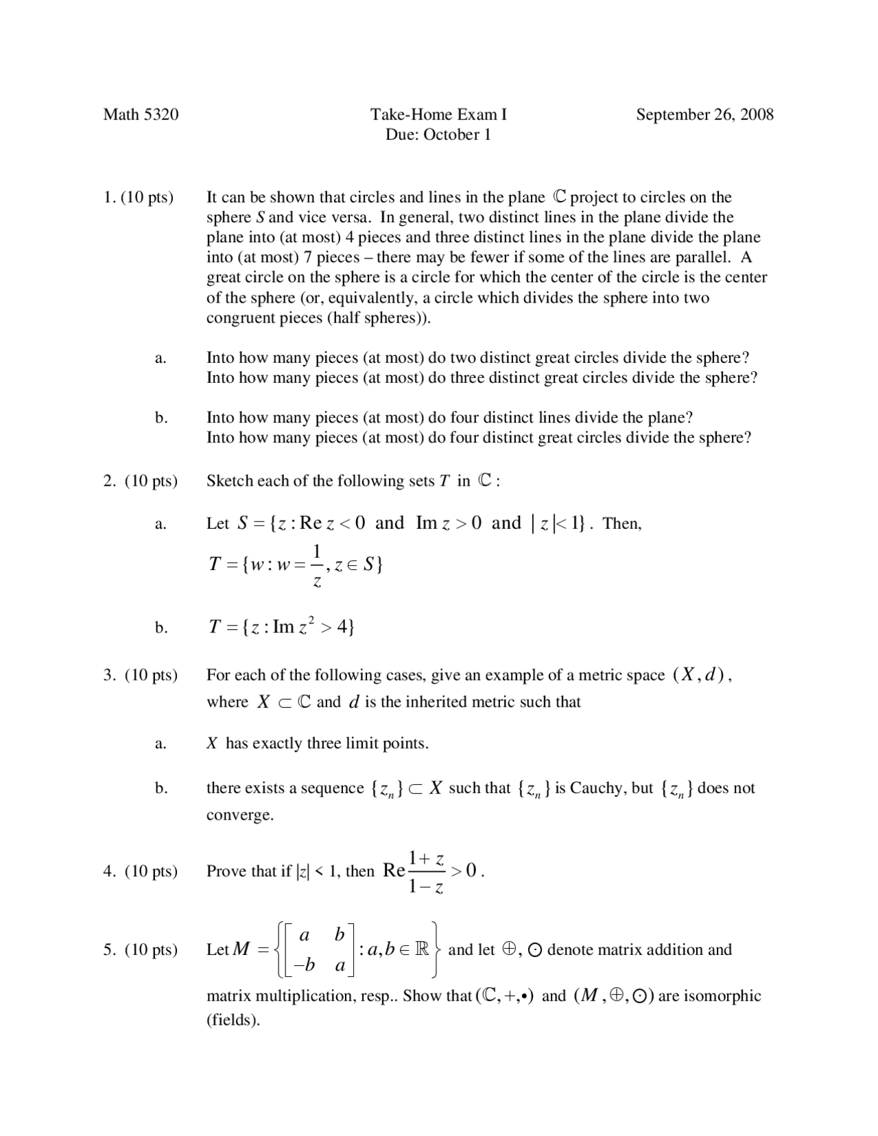 Take Home Exam 1 Functions Of A Complex Variable I Math 5320 Docsity