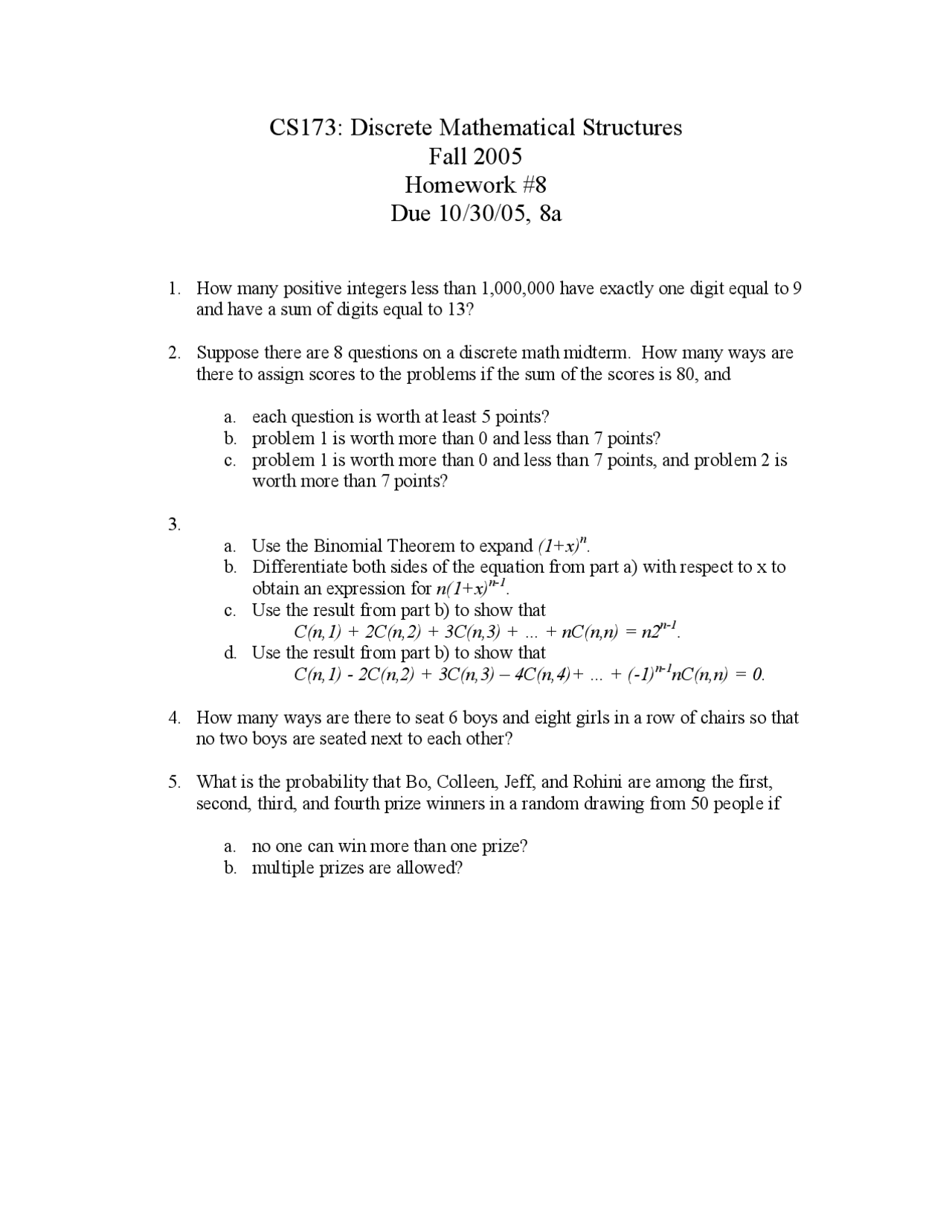 5 Problems on the Binomial Theorem - Homework 8 | CS 173 - Docsity