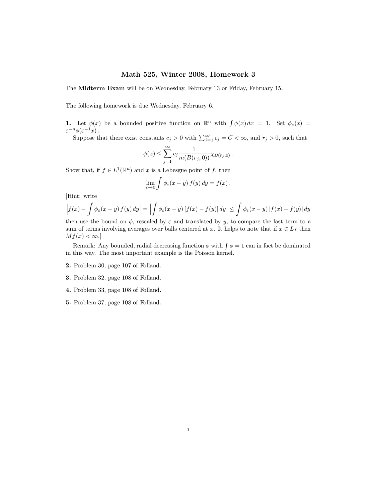 Homework 3 With Solutions Real Analysis Math 525 Docsity