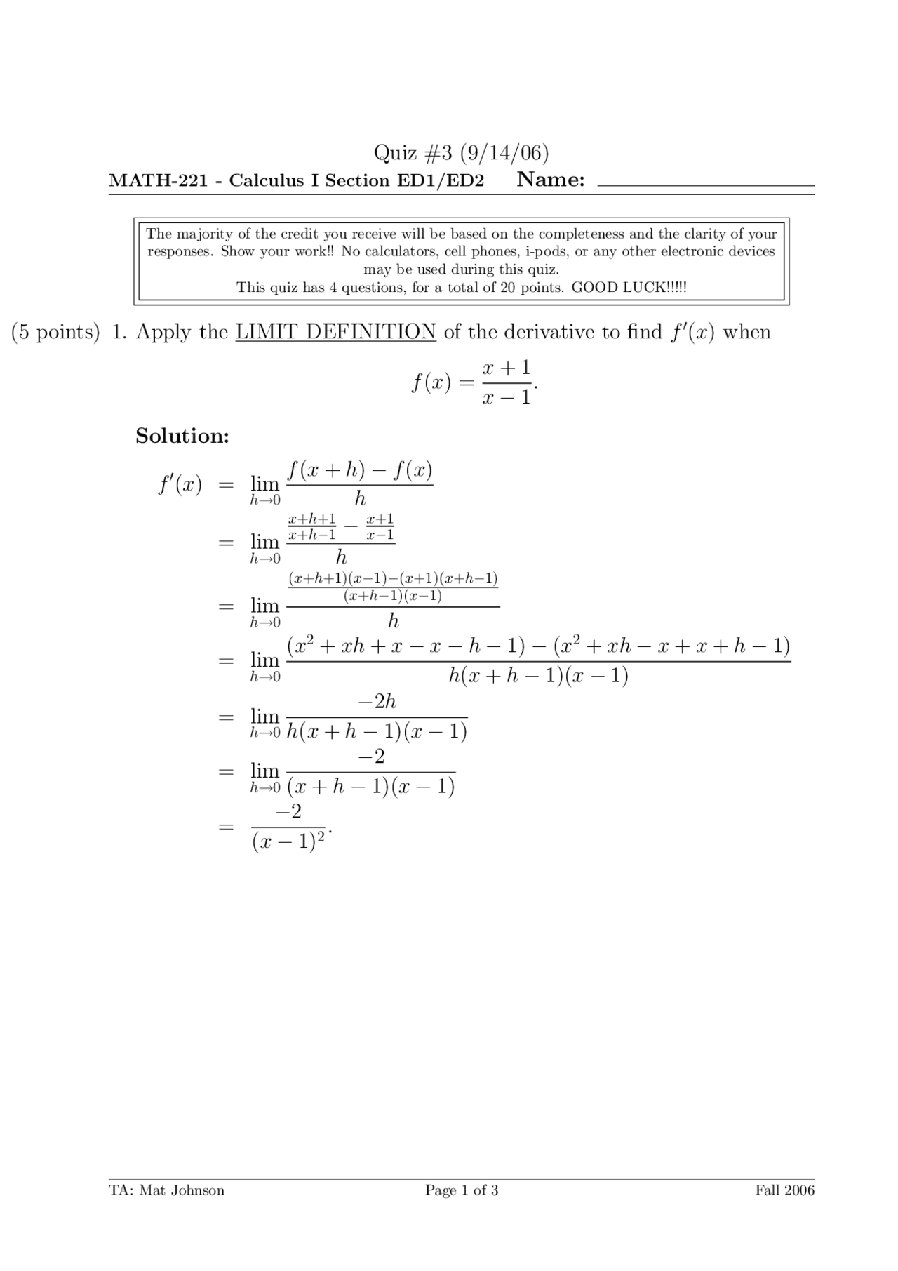 Calculus I Quiz #3 Solutions: Limits, Differentiation, and Tangent ...
