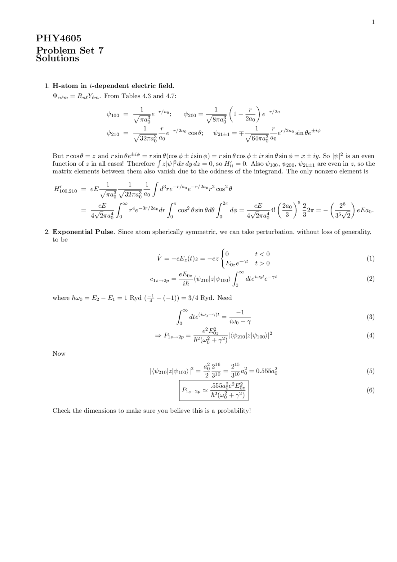 Solutions to Problem Set 7 - Introduction to Quantum Mechanics II | PHY 4605 - Docsity