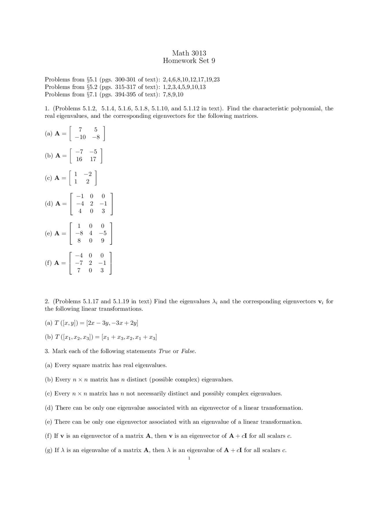Problem Set 9 Unsolved Problems Linear Algebra Math 3013 Docsity